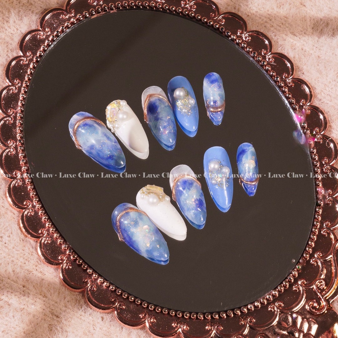 Oceanic Rhapsody Press on Nails, Galaxy Blue Pearl Art With Milky White ...
