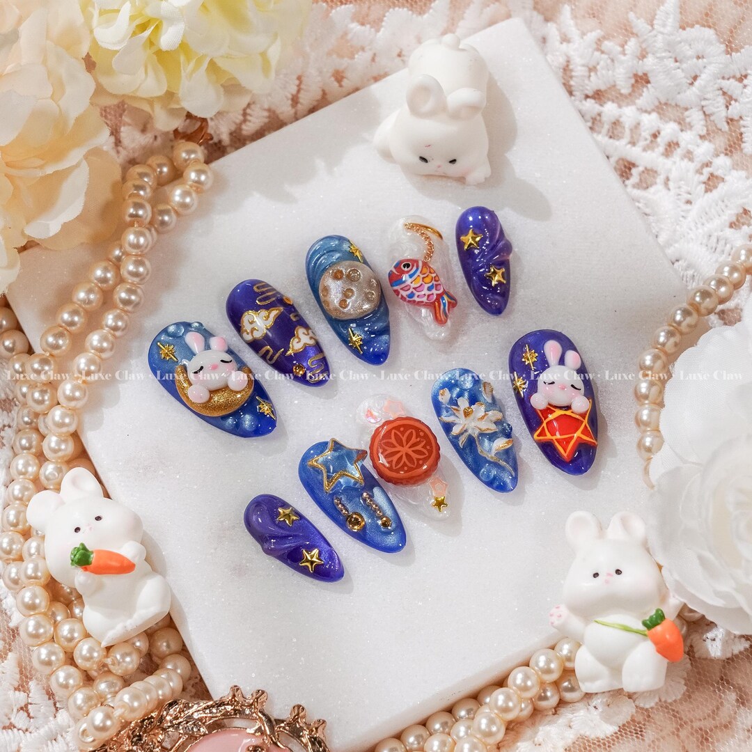 Moon Rabbit Press on Nails, Mid Autumn Festival, Mooncake Lantern, Blue ...
