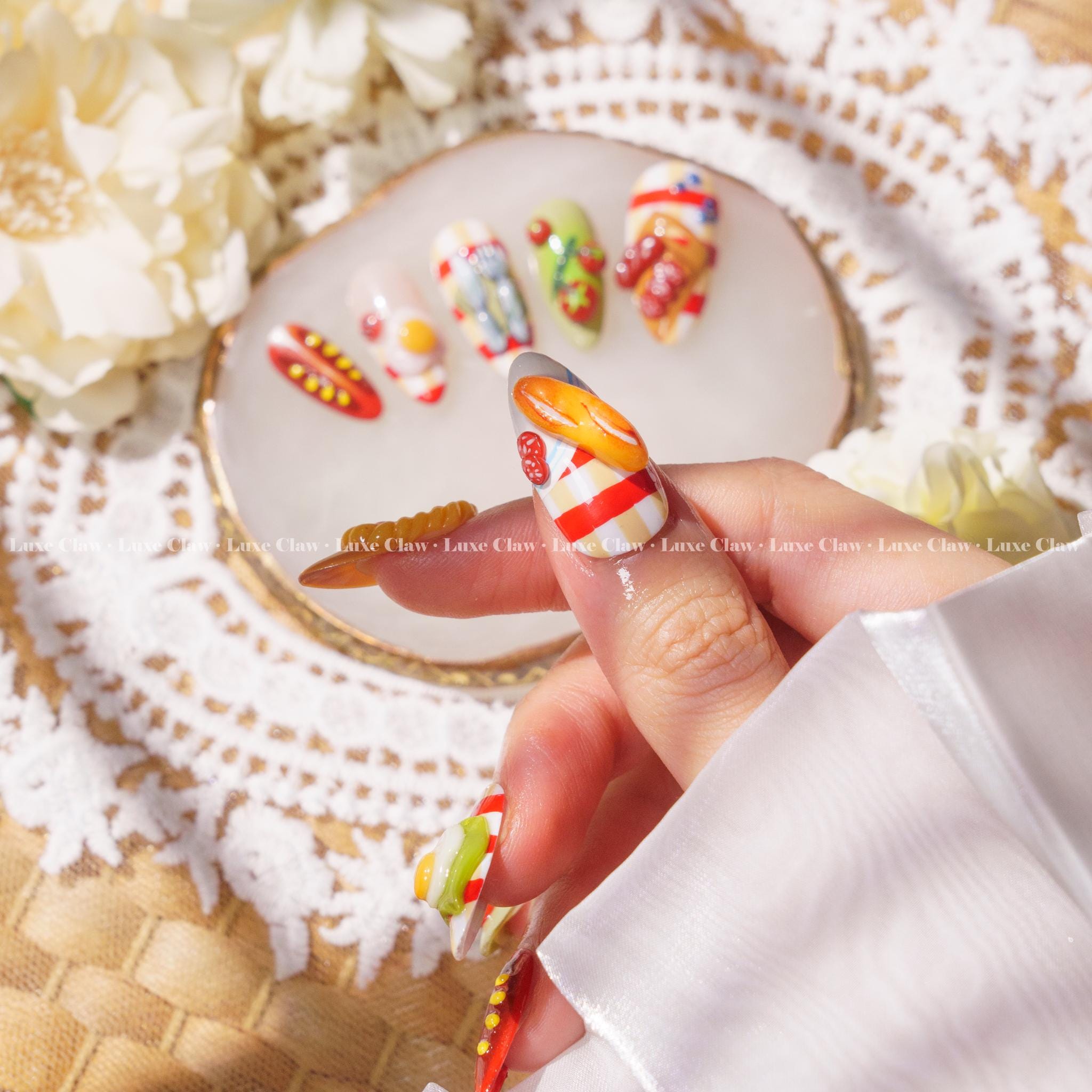 Picnic Feast Press on Nails, Food Theme Nail Art, Summer Picnic Nails ...
