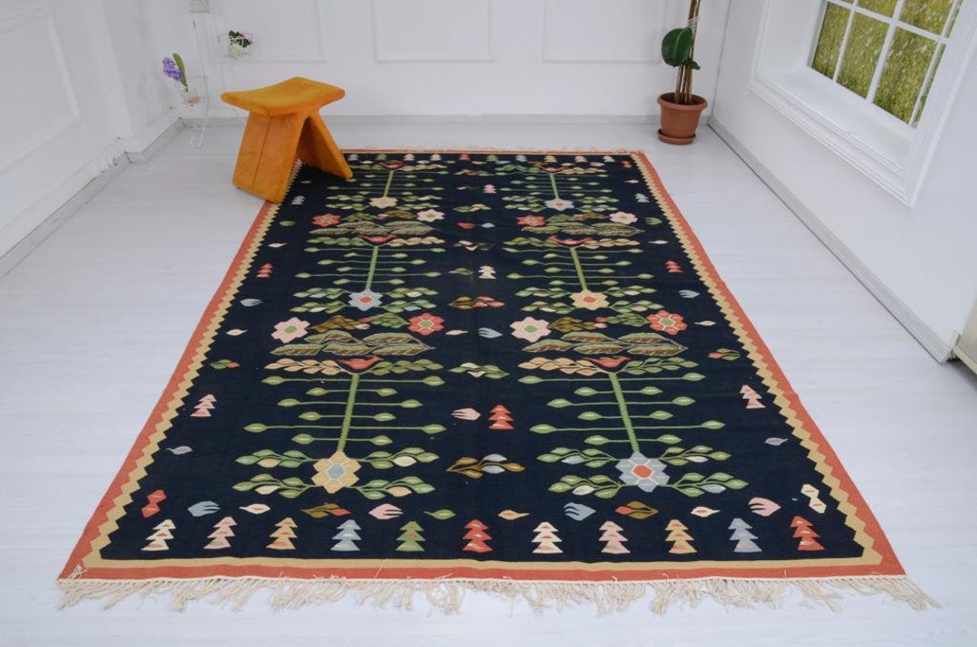 Romanian Kilim, Floral Kilim, Black Kilim, Wool Kilim, Colorful Kilim ...