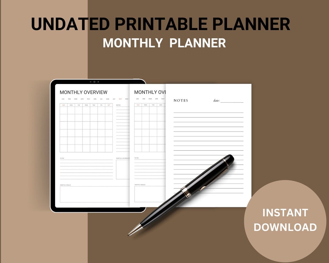 MONTHLY PLANNER | Month at a Glance | Horizontal Organizer | Digital Planner | Daily Weekly ...