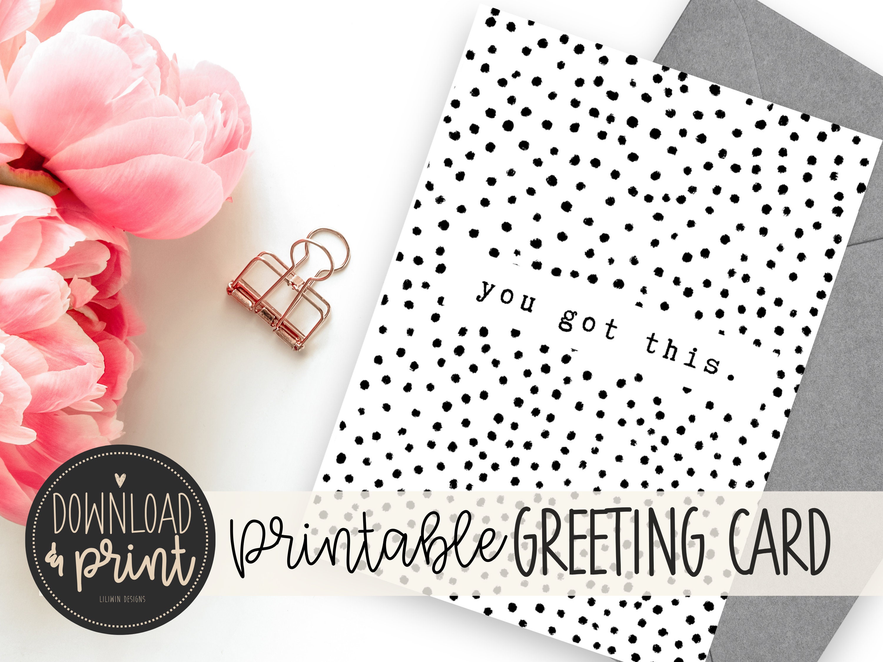Black and White Polka Dot Card, Printable Greeting Card, Black and ...