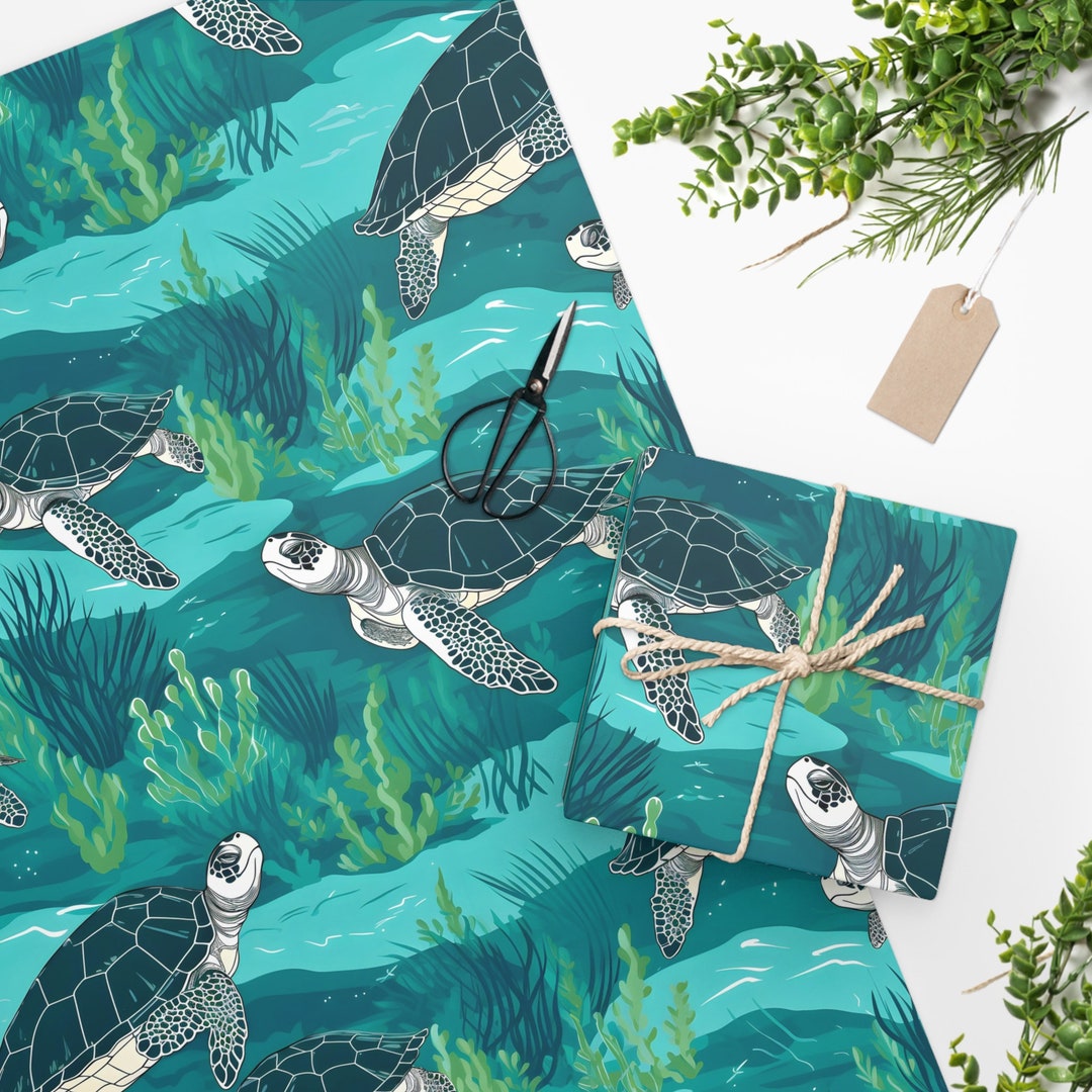 Dark Watercolor Sea Turtles Pattern Wrapping Paper, Ocean Pattern High ...
