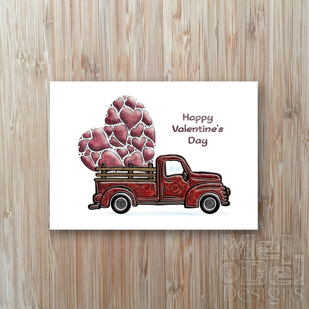 Valentine Vintage Truck Printable Card, Hearts, Classic Red Truck ...