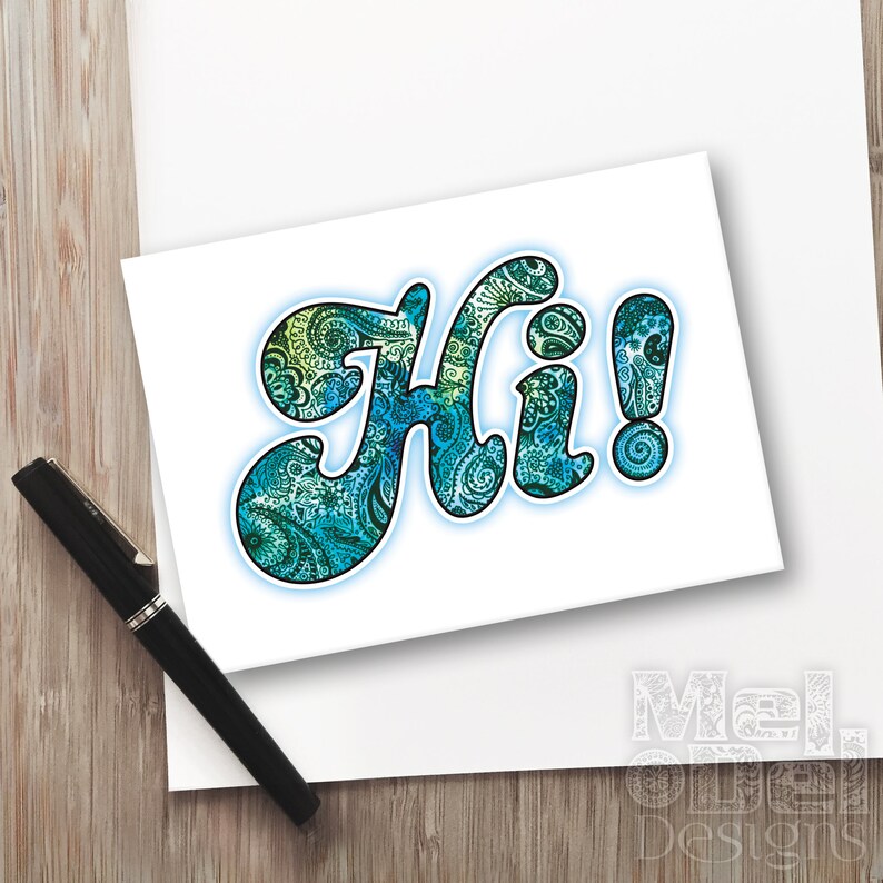 Hi Printable Greeting Card Hi! Friend Card Teal Hello Notelet Just ...