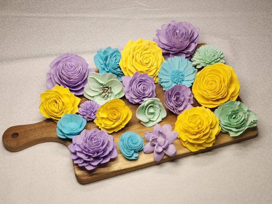 Lavender, Mint Green, Yellow, and Aqua Blue Spring Sola Wood Flower ...
