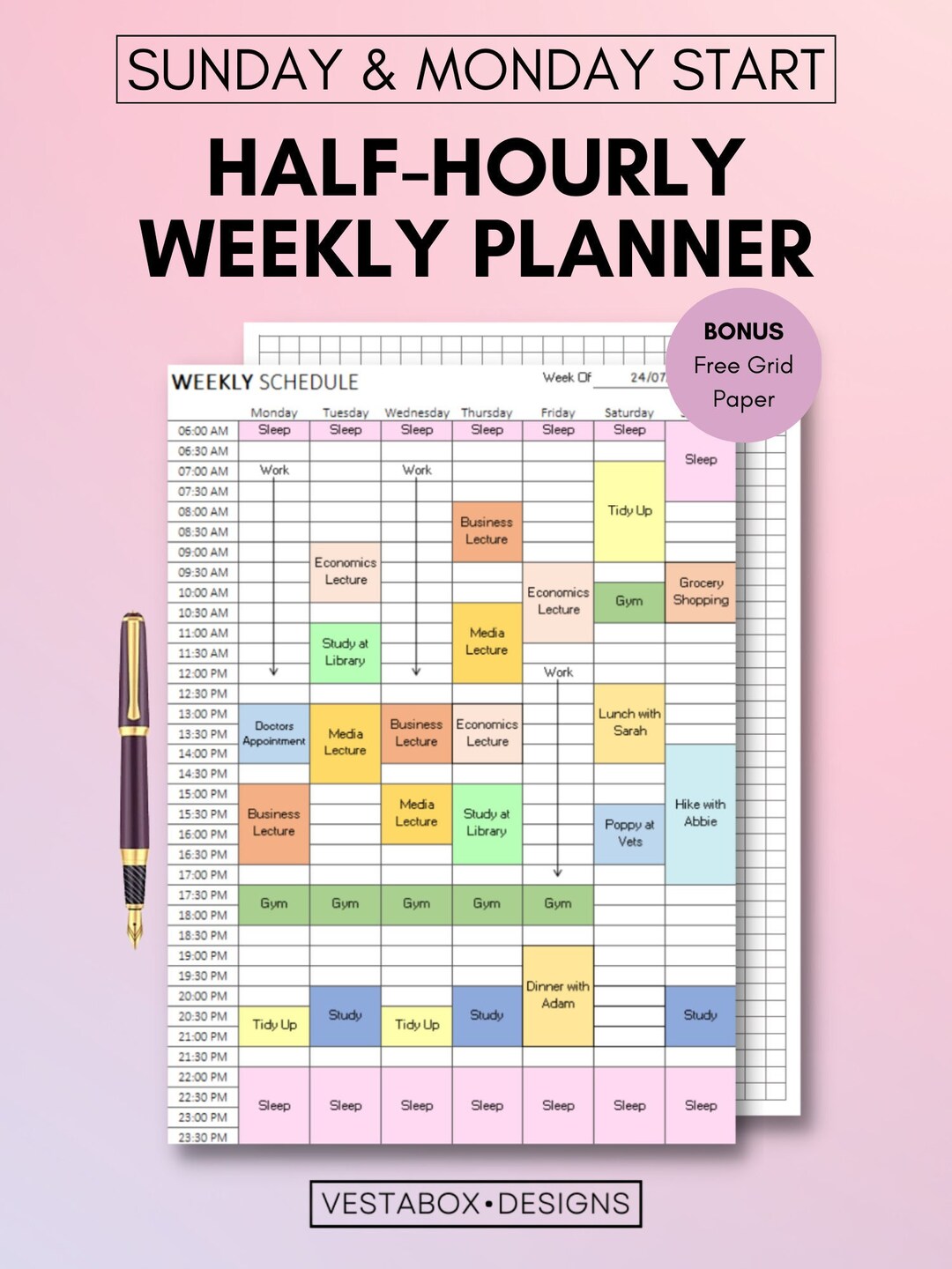 Half Hourly Weekly Schedule - Digital Planner - Printable - PFD - Etsy