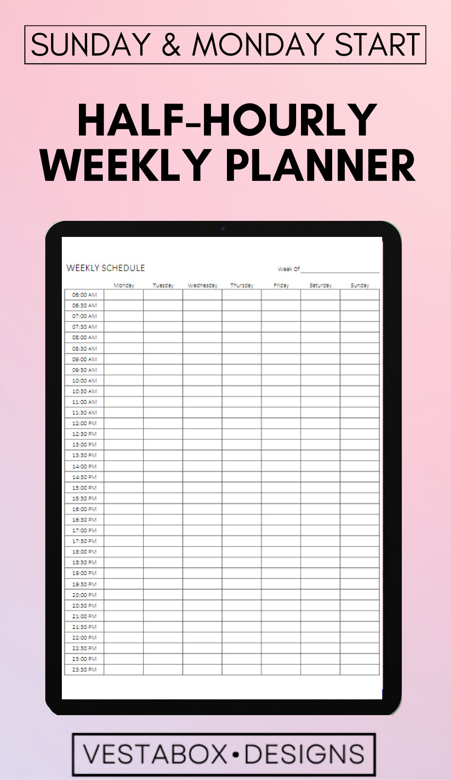 Half Hourly Weekly Schedule - Digital Planner - Printable - PFD - Etsy