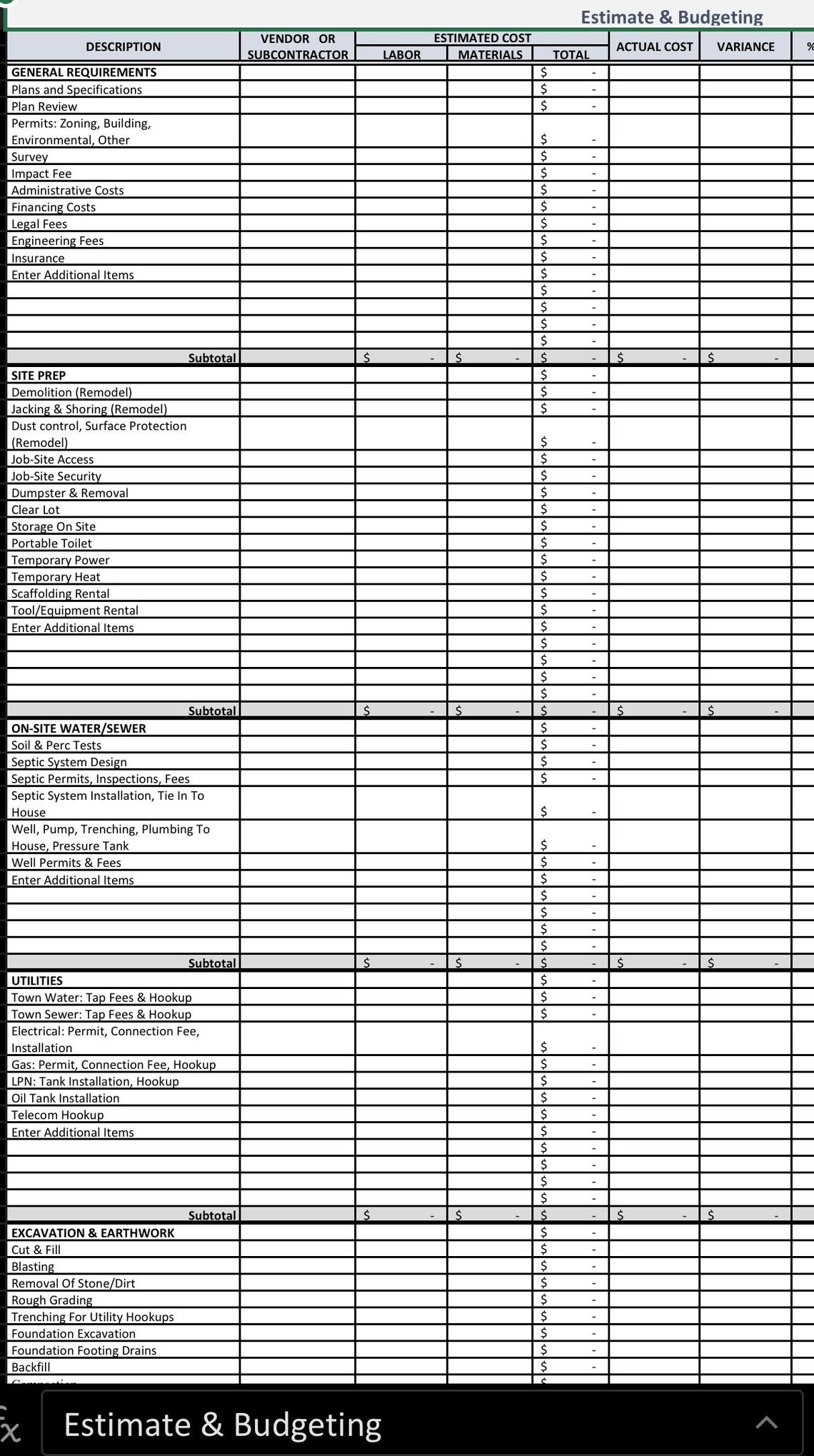 Construction Budget and Estimate Worksheet - Etsy