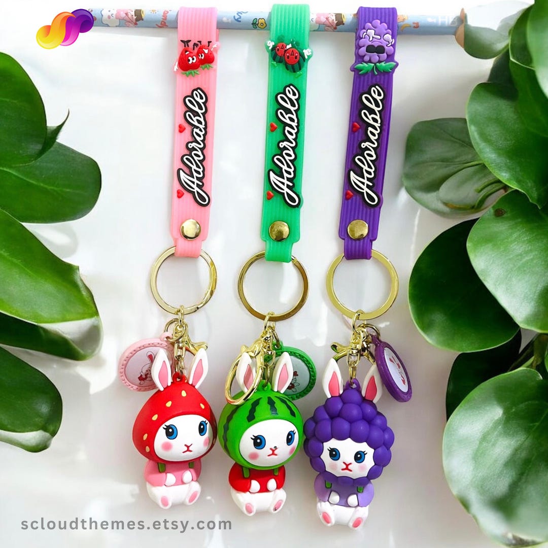 Fruit Rabbit Keychain - Red Strawberry, Green Watermelon & Purple Grape ...