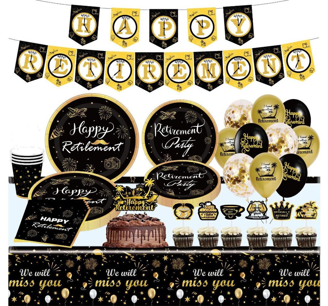 Happy Retirement Party Decorations Tableware Set - Black and Gold ...