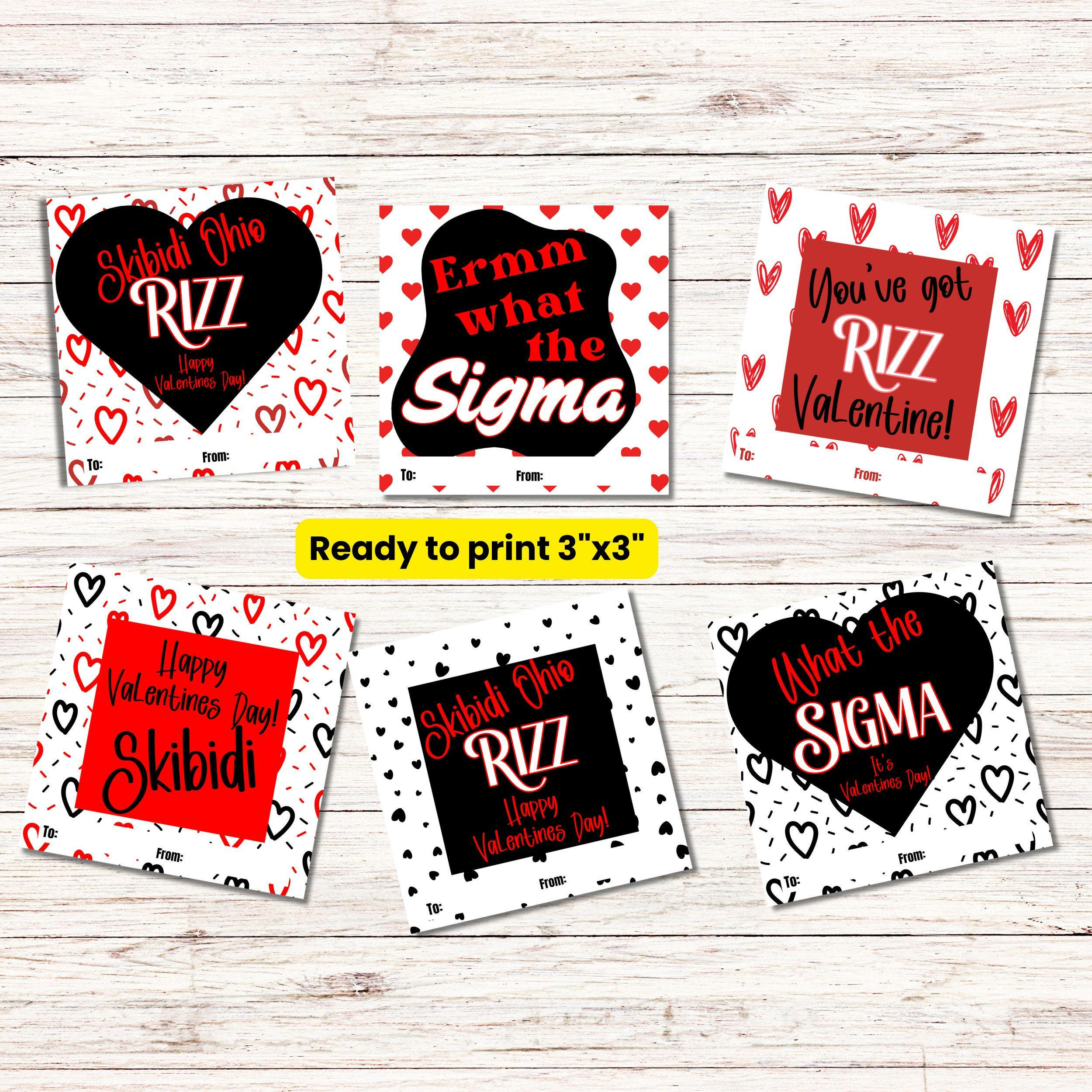Funny Kids Slang Skibidi, Ohio,rizz Printable Valentine Cards 3x3 ...