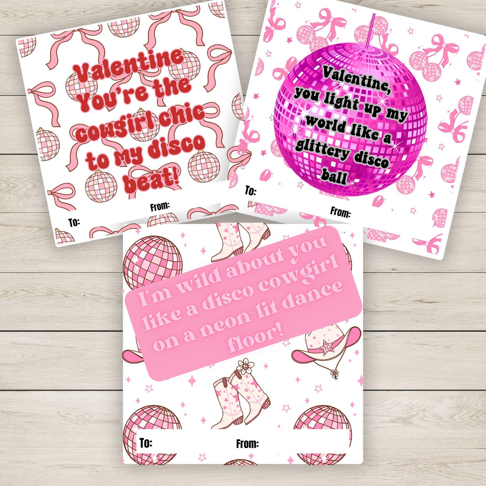Trendy Disco Cowgirl Printable Valentine Cards 3x3 Digital Download ...