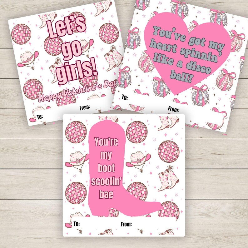 Trendy Disco Cowgirl Printable Valentine Cards 3x3 Digital Download ...