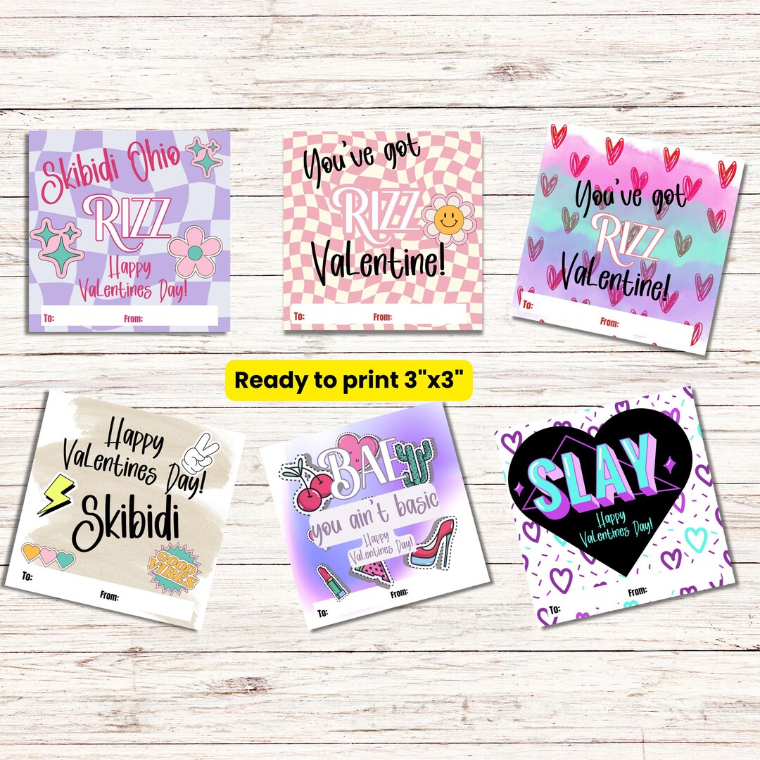 Tween Girl, Kids Slang Skibidi, Rizz Printable Valentine Cards 3x3 ...