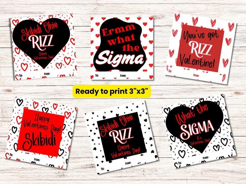 Funny Kids Slang Skibidi, Ohio,rizz Printable Valentine Cards 3x3 ...