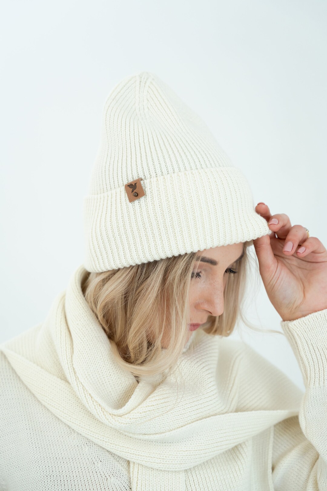 White Hat 100% Merino Wool Beanie Milk White Knit Hat Unisex Women ...
