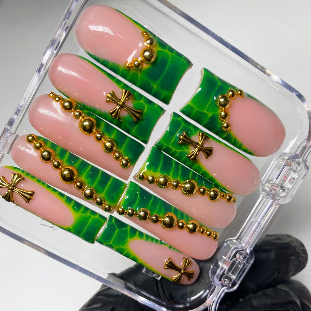 Green Croc Print Design Nails With Gold Bead Finish - Etsy