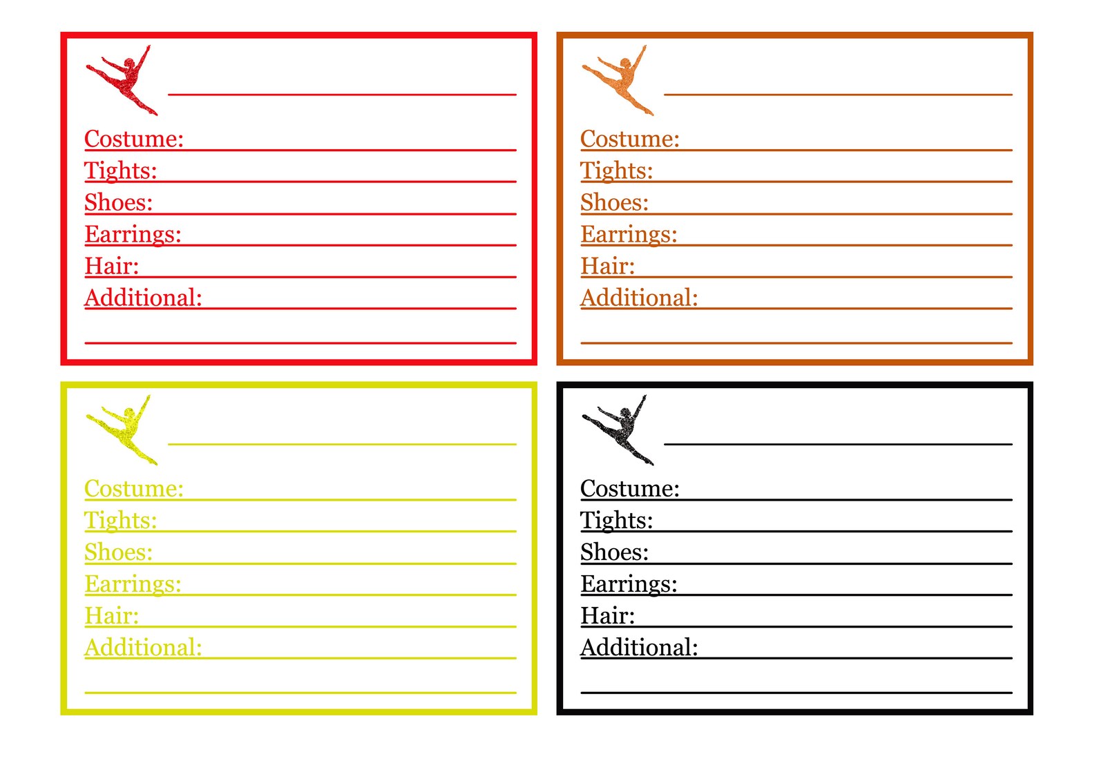 8 Colors Dance Competition Costume Cards & Results Sheet Download - Etsy