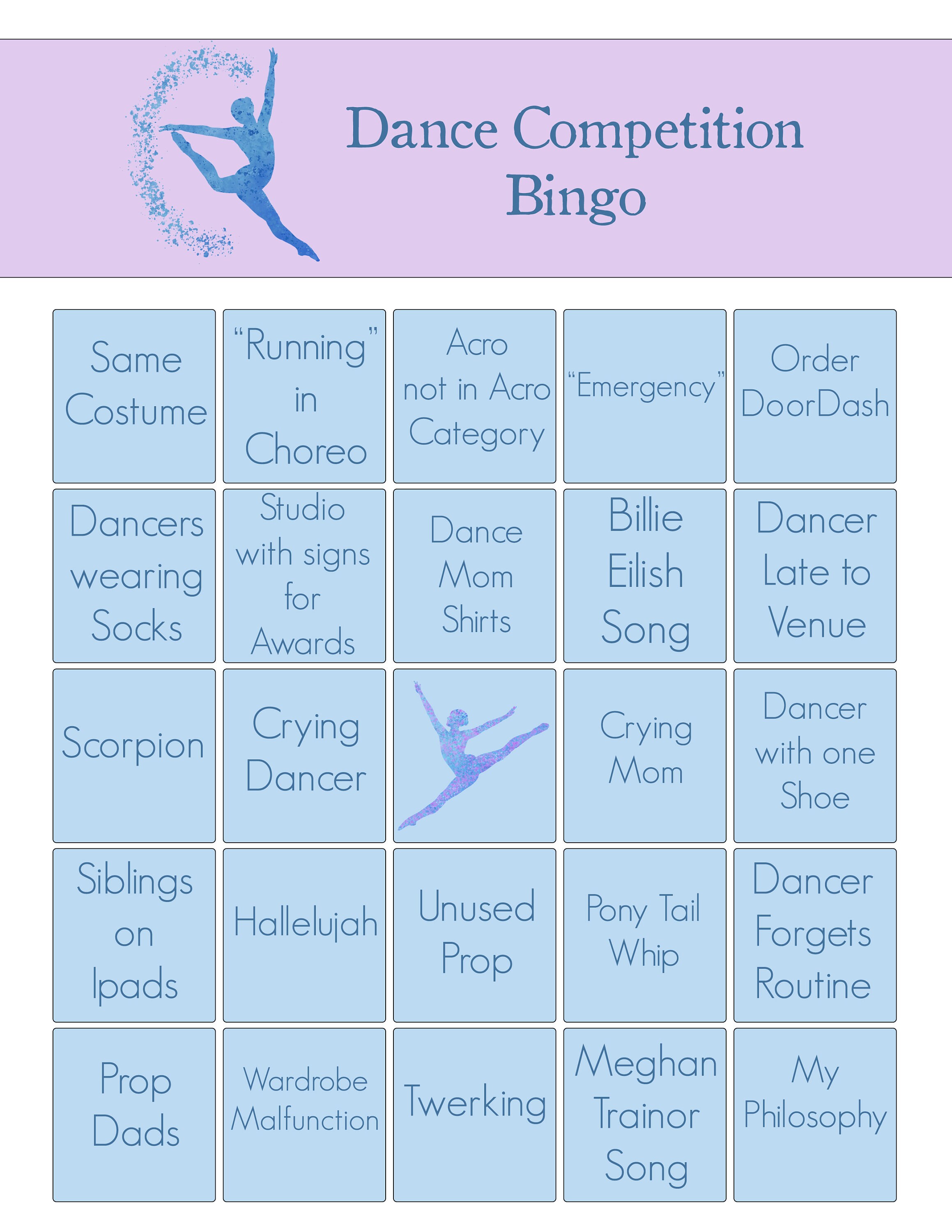 Printable Dance Competition Bingo Cards - 22 Variations! - Etsy