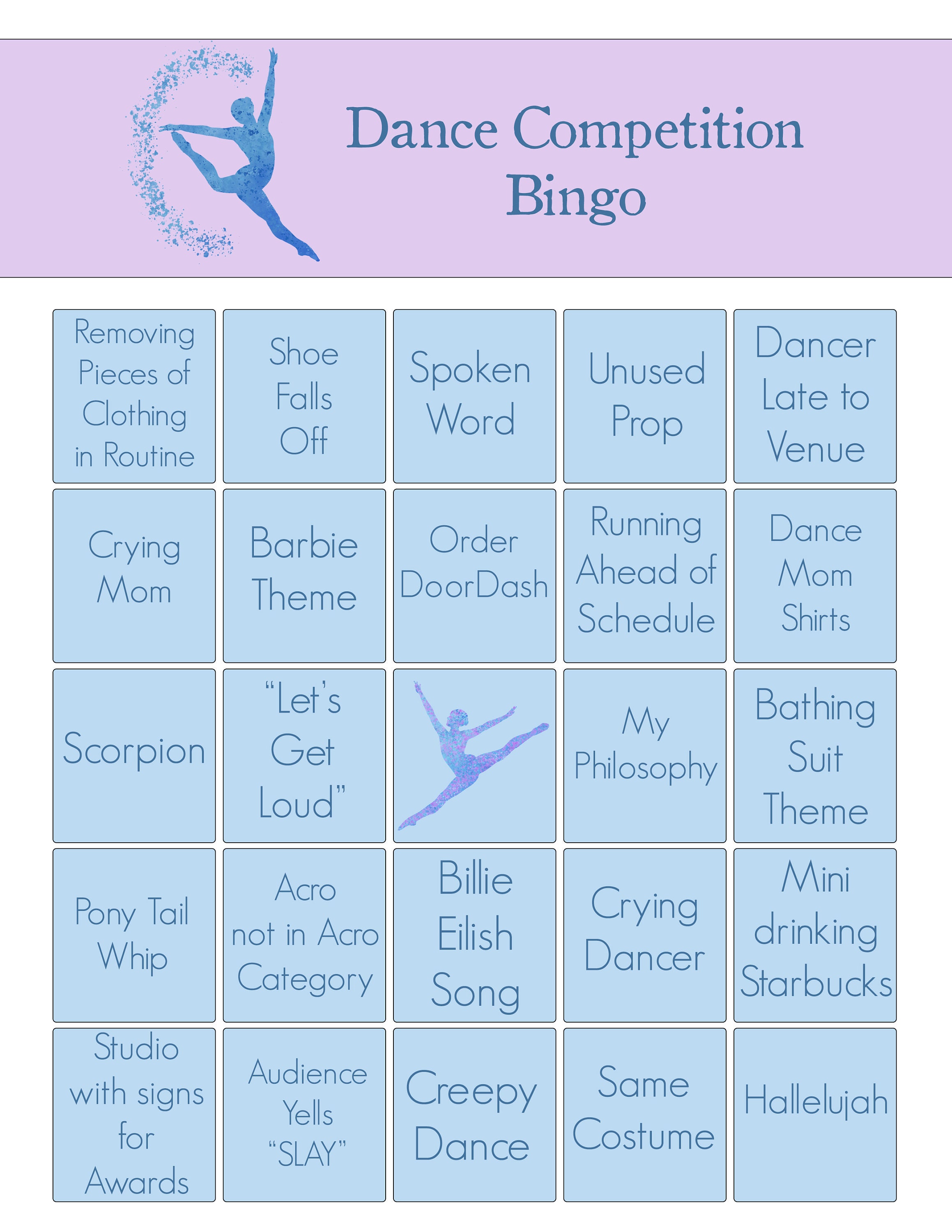 Printable Dance Competition Bingo Cards 22 Variations - Etsy
