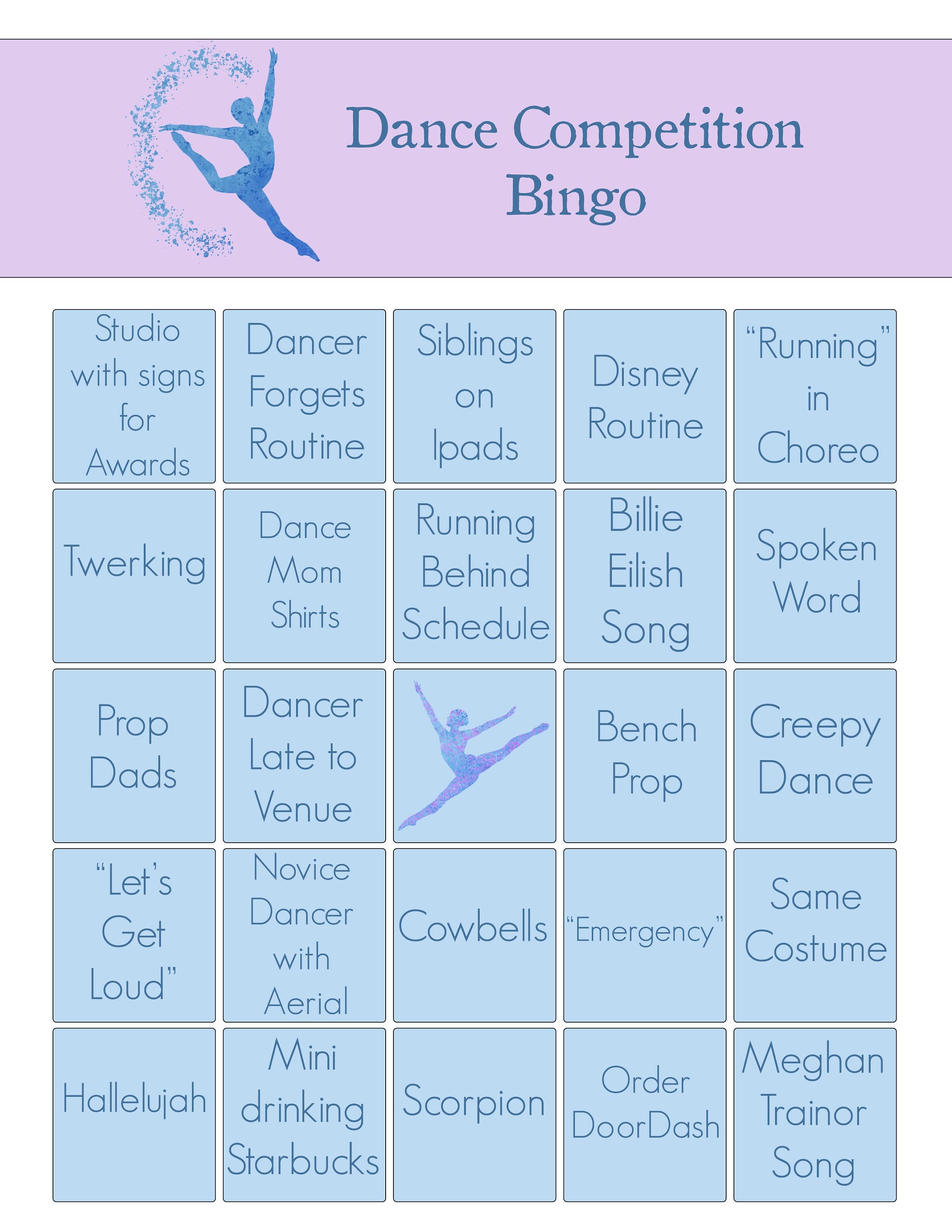 Printable Dance Competition Bingo Cards - 22 Variations! - Etsy