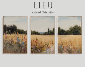 Wildflower Field Grass Landscape, Rustic Oil Painting, Wall Art Print Portrait, Flower Meadow ...
