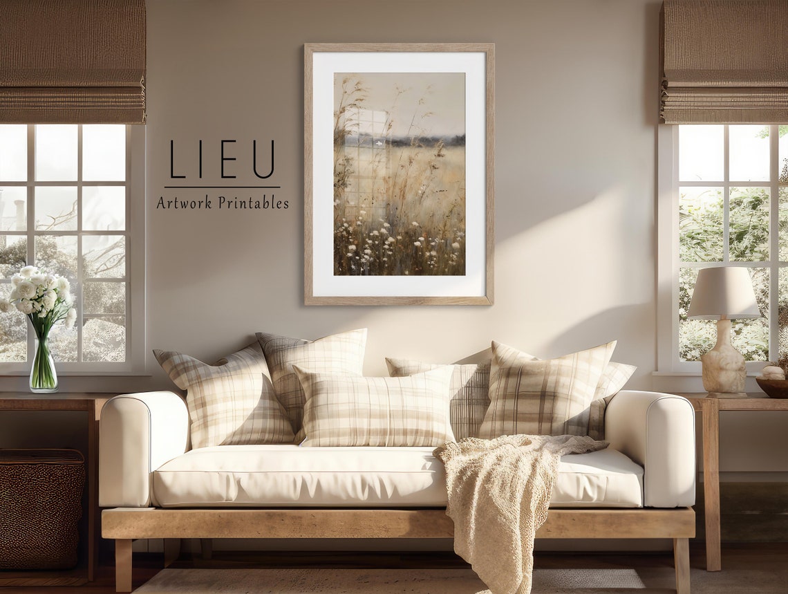 Wildflower Field Grass Landscape, Rustic Oil Painting, Wall Art Print Portrait, Flower Meadow ...