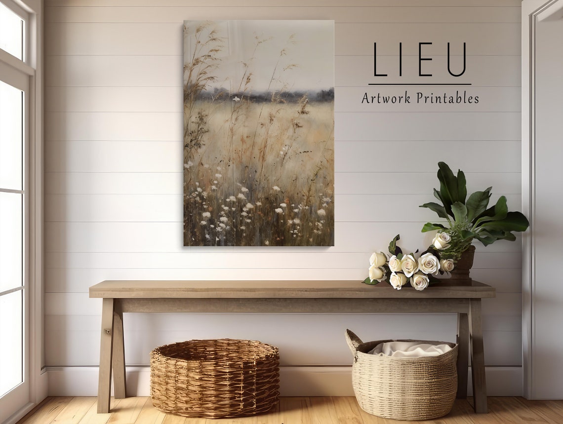 Wildflower Field Grass Landscape, Rustic Oil Painting, Wall Art Print Portrait, Flower Meadow ...