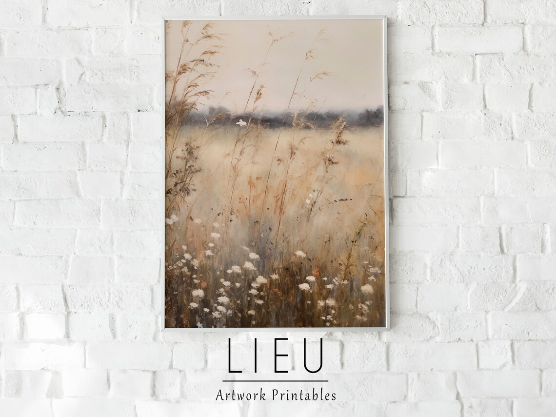 Wildflower Field Grass Landscape, Rustic Oil Painting, Wall Art Print Portrait, Flower Meadow ...