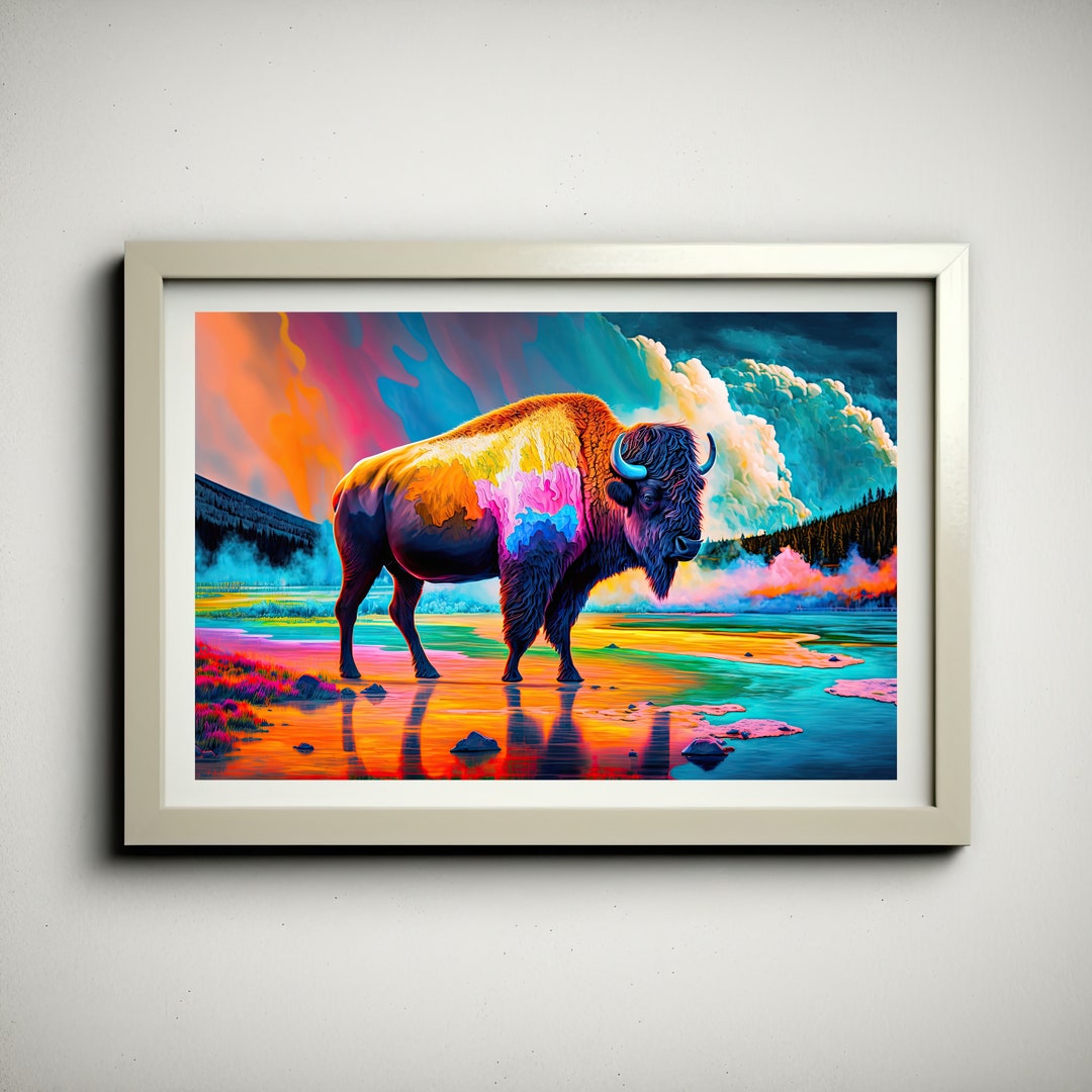 Psychedelic Yellowstone Bison Poster, Colorful Bison Supervolcano ...