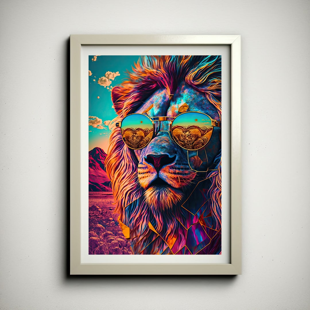 Psychedelic Lion Poster, Cool Lion With Sunglasses, Colorful Lion ...