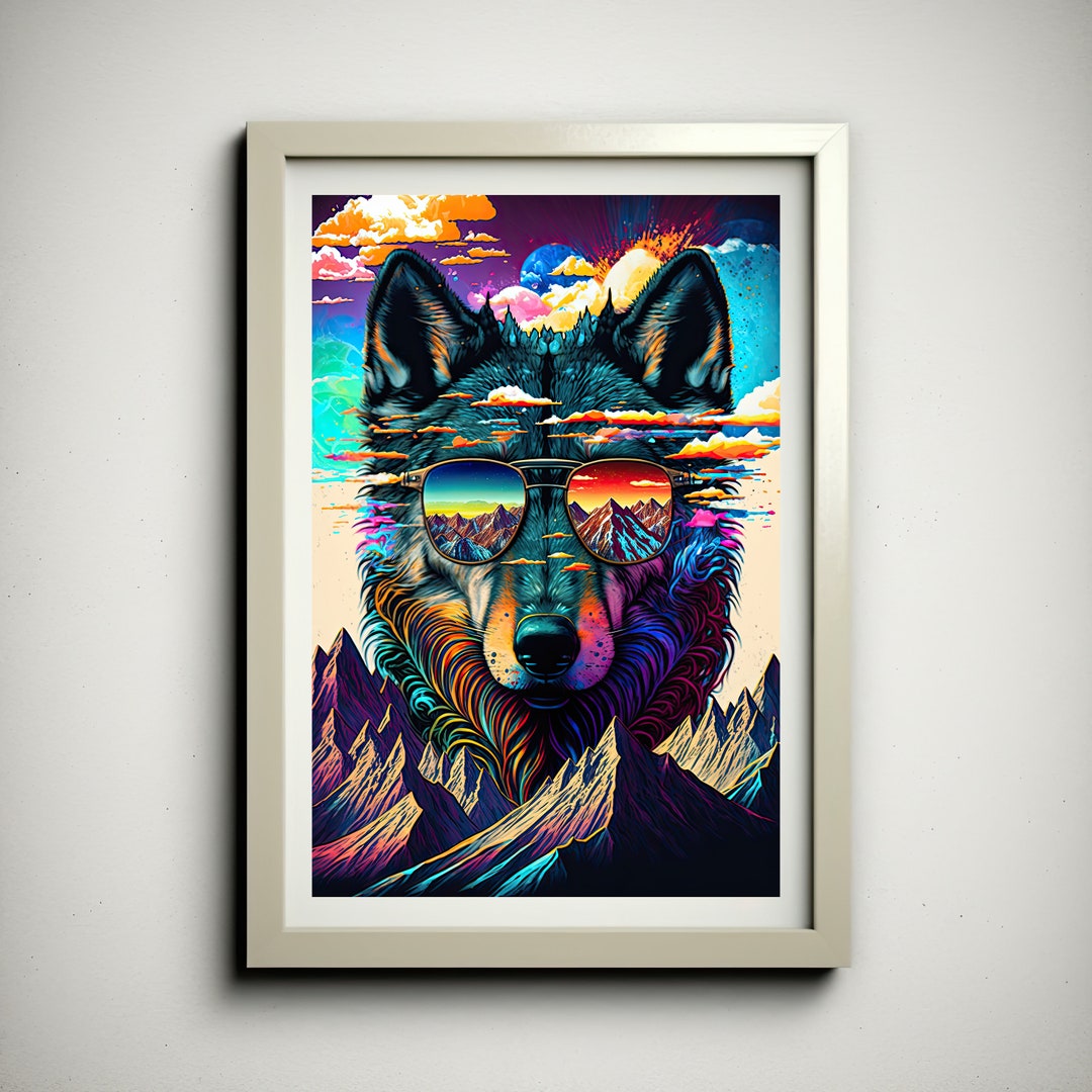 Psychedelic Spirit Wolf Poster, Cool Wolf Wearing Sunglasses, Colorful ...