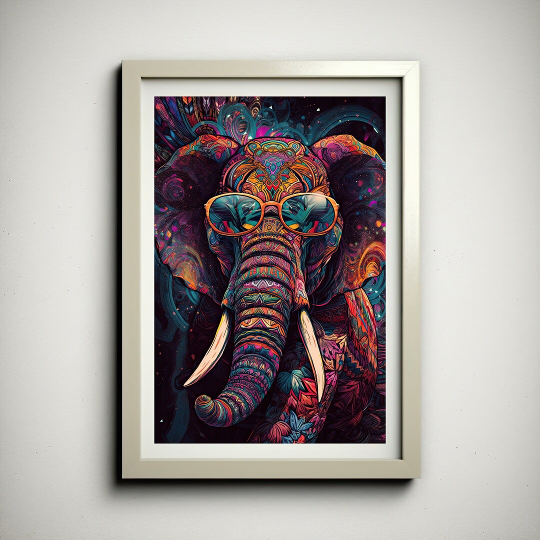 Psychedelic Elephant Poster, Cool Elephant Wearing Sunglasses, Colorful ...