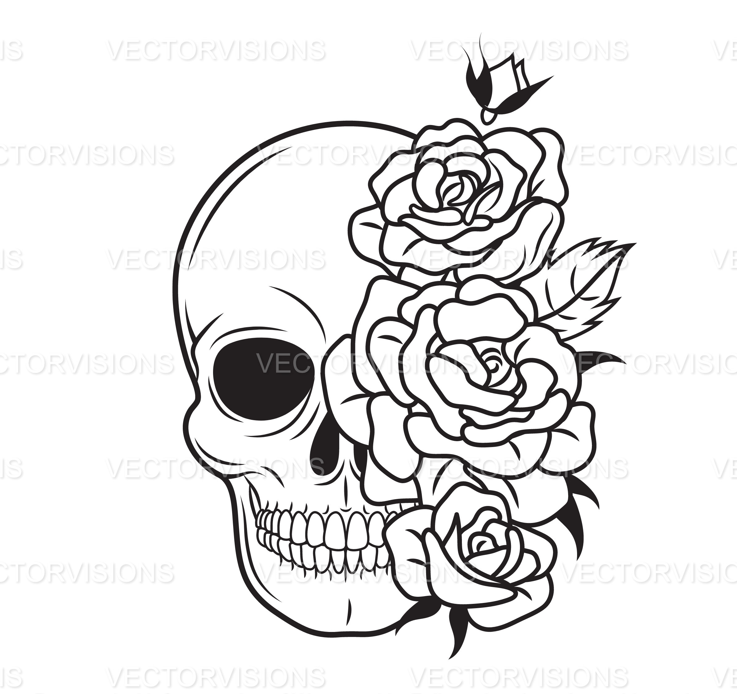Skull and Roses Svg, Guns and Roses Svg, Vector Cut File for Cricut ...
