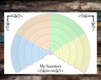 9 Generation Genealogy, 4 Color Fan Chart, Print & Fill, Family Tree ...