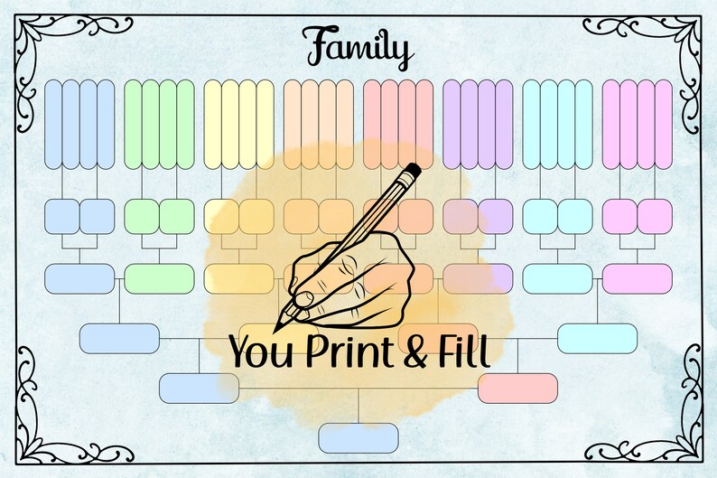 6 Generation 8 Color Horizontal Pedigree Chart, Blue Watercolor ...