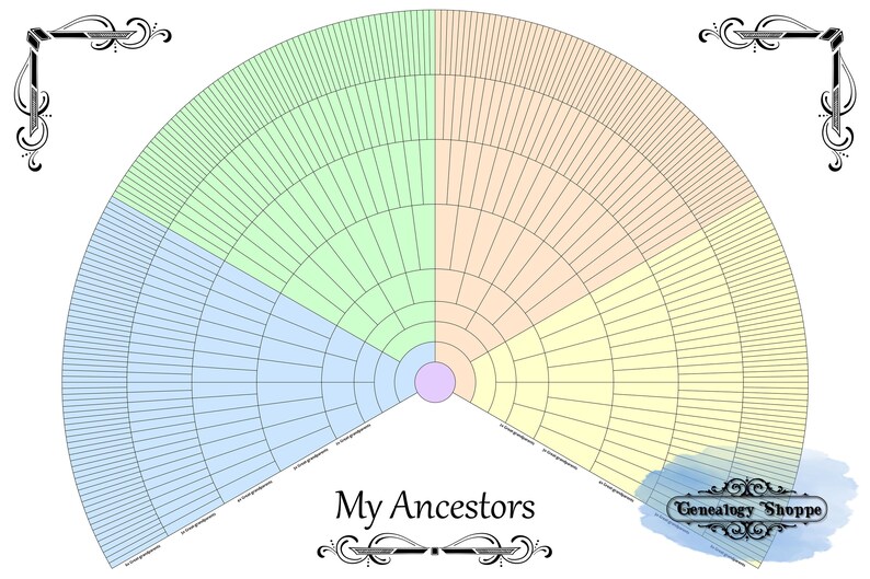 9 Generation Genealogy, 4 Color Fan Chart, Print & Fill, Family Tree ...