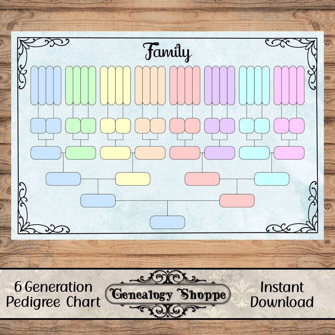 6 Generation 8 Color Horizontal Pedigree Chart, Blue Watercolor ...