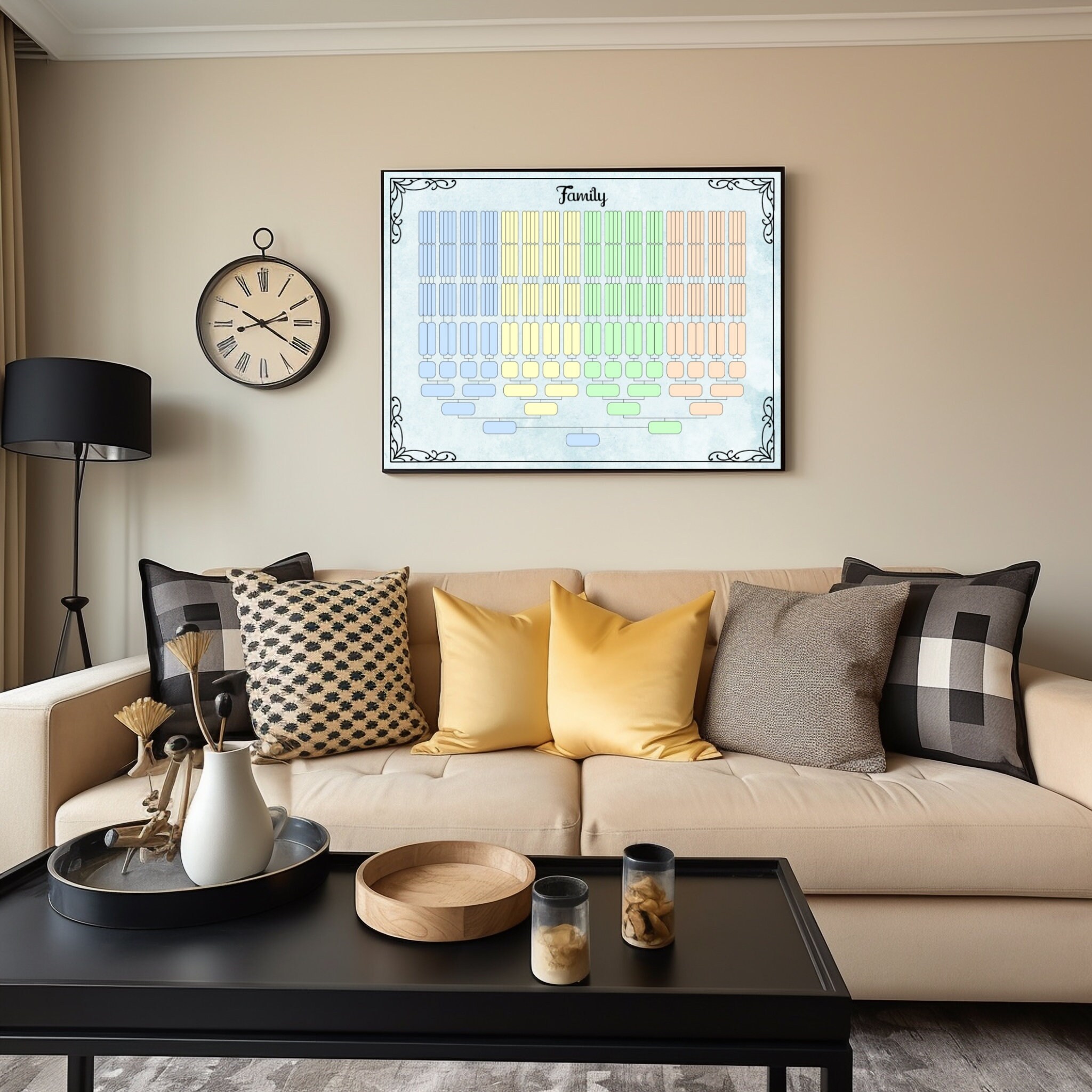 8 Generation 4 Color Pedigree Chart, Blue Watercolor Background, Print ...