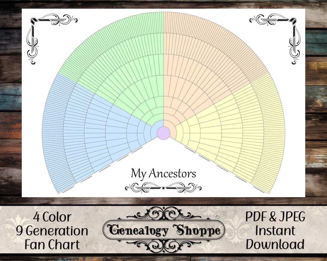 9 Generation Genealogy 4 Color Fan Chart Print & Fill - Etsy