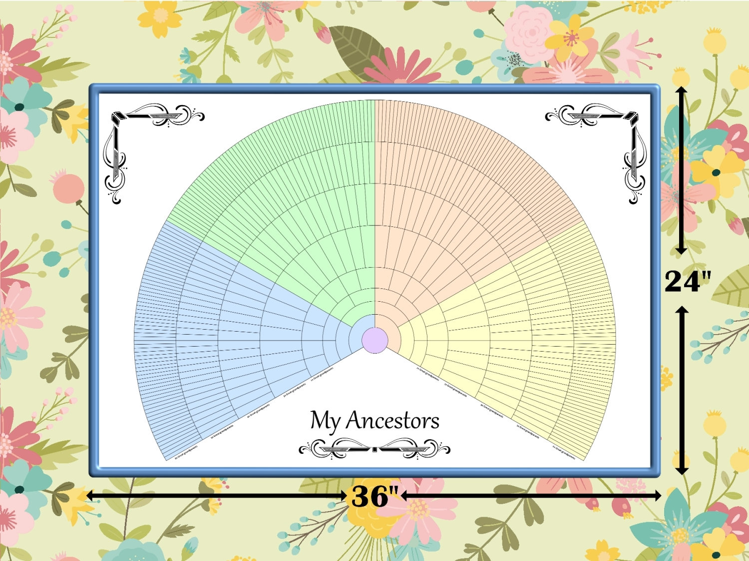 9 Generation Genealogy, 4 Color Fan Chart, Print & Fill, Family Tree ...