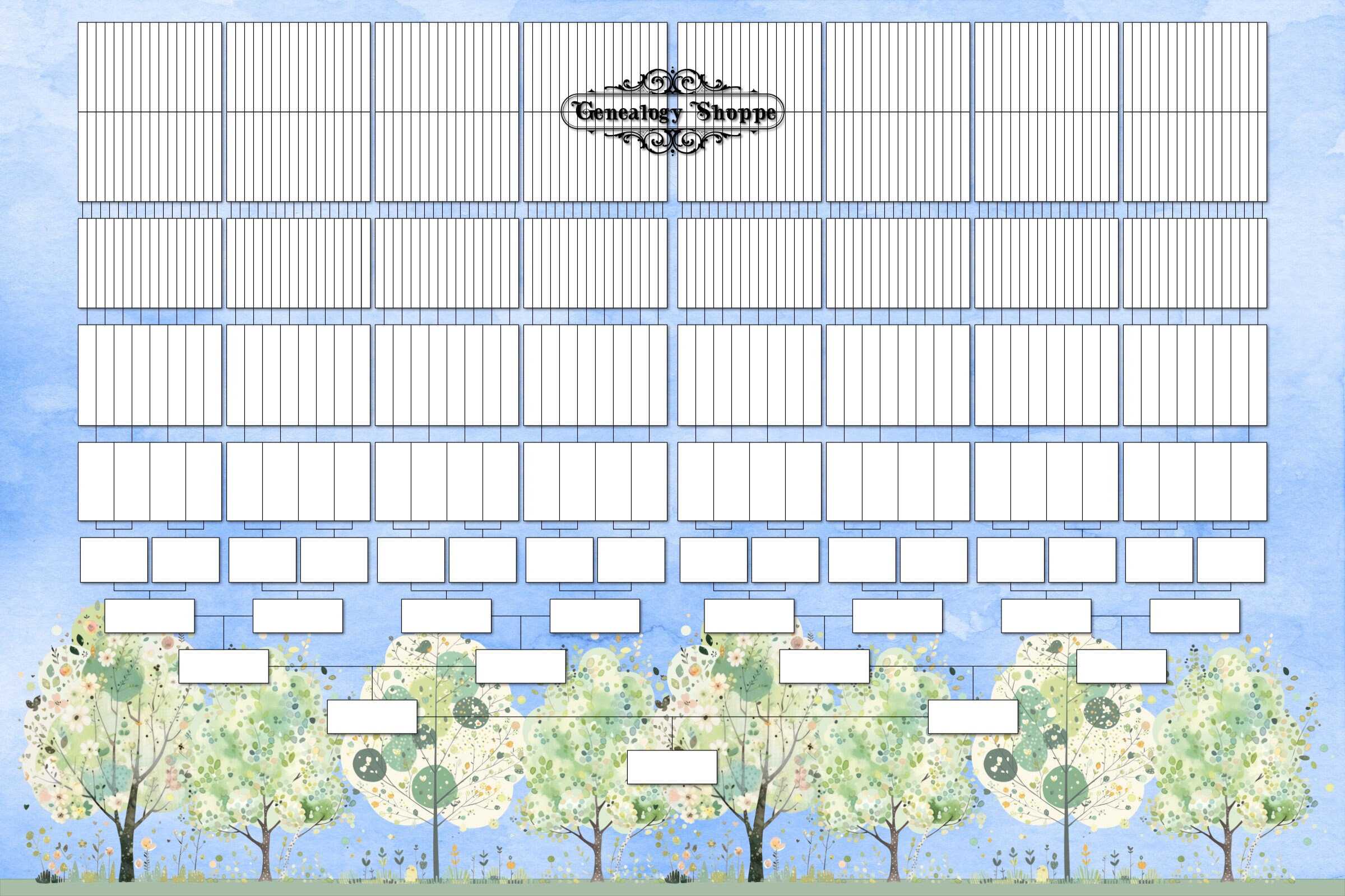9 Generation Pedigree Chart, Whimsical Tree Border Blue Background ...