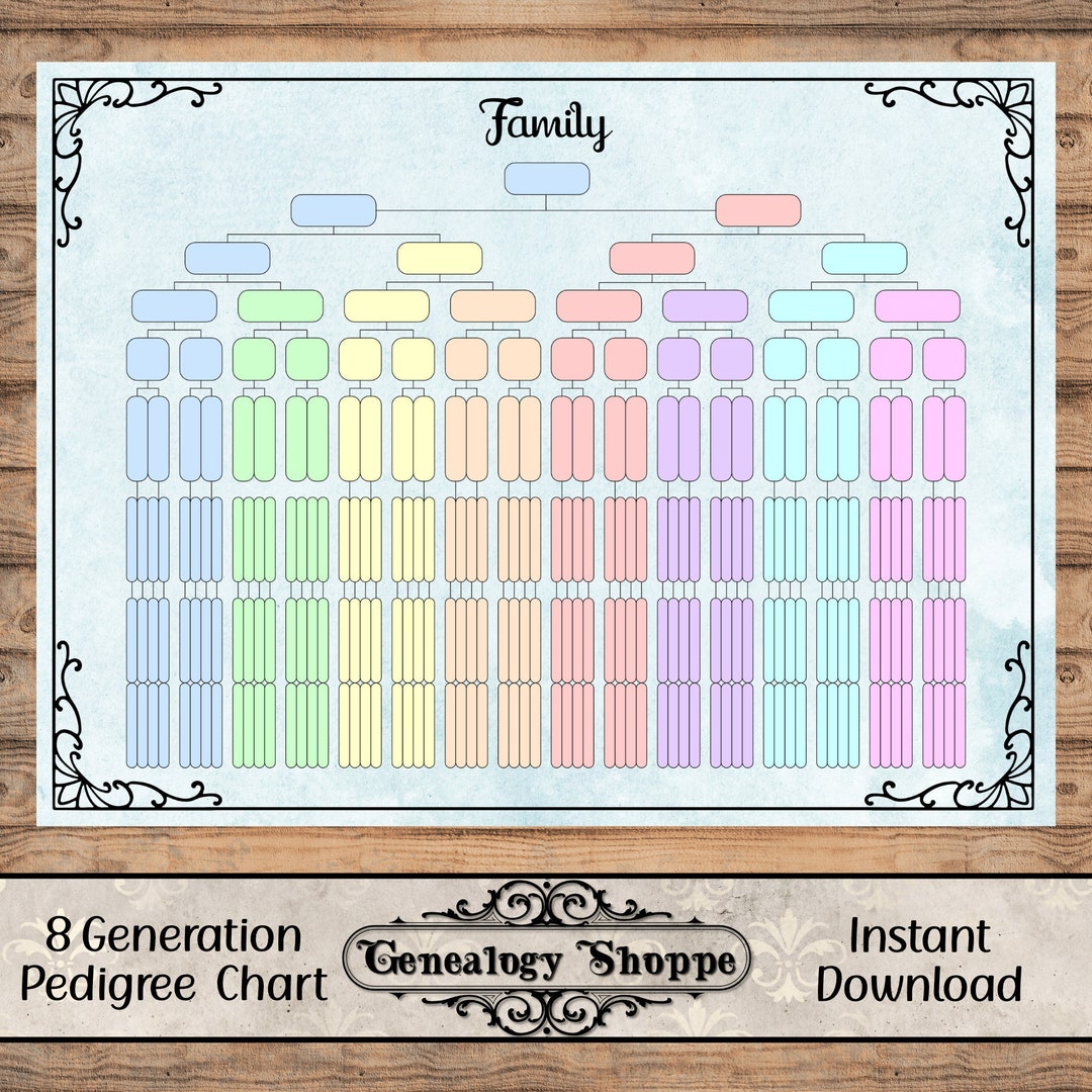 8 Generation 8 Color Pedigree Chart, Blue Watercolor Background, Print ...
