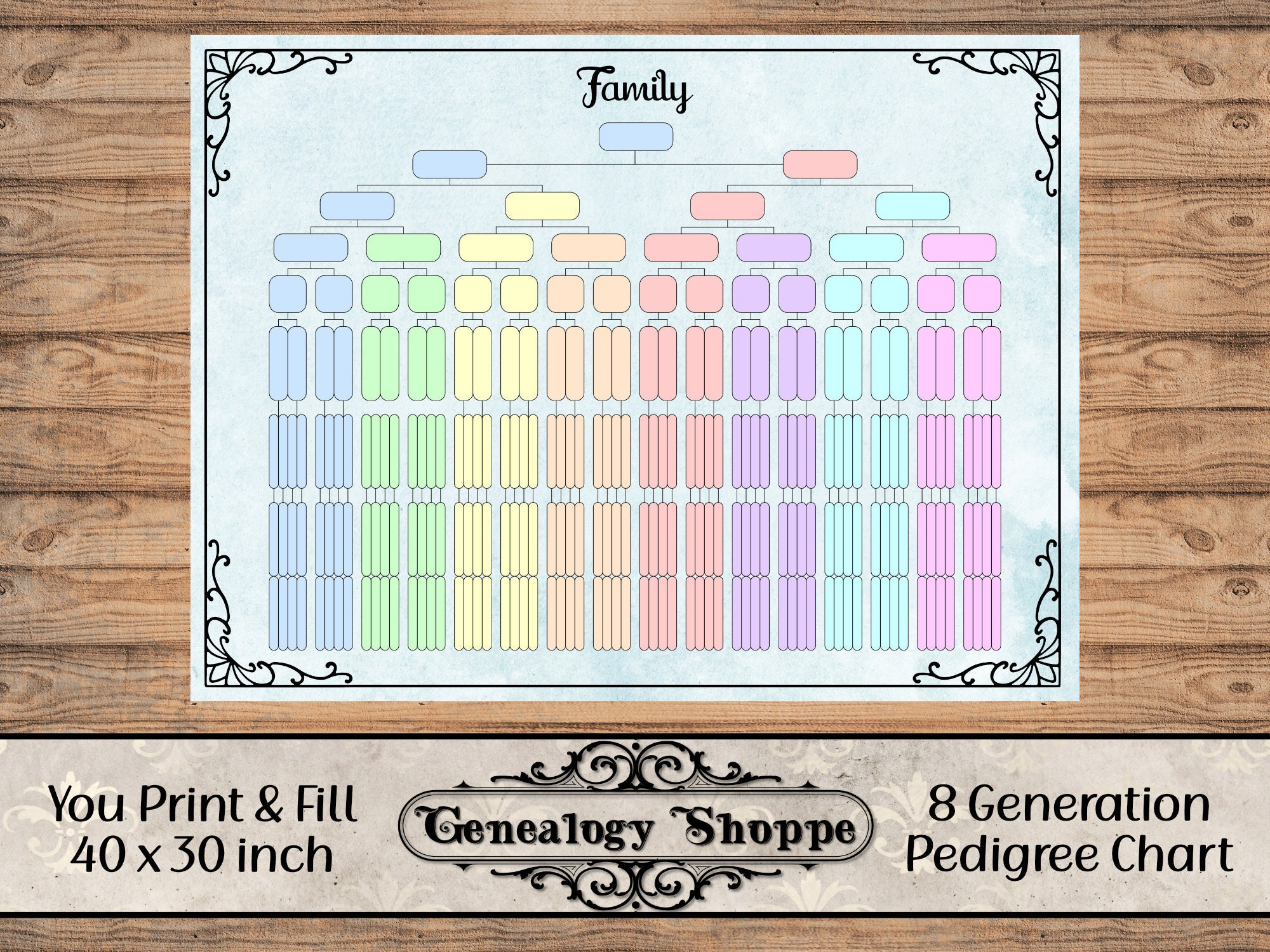 8 Generation 8 Color Pedigree Chart, Blue Watercolor Background, Print ...