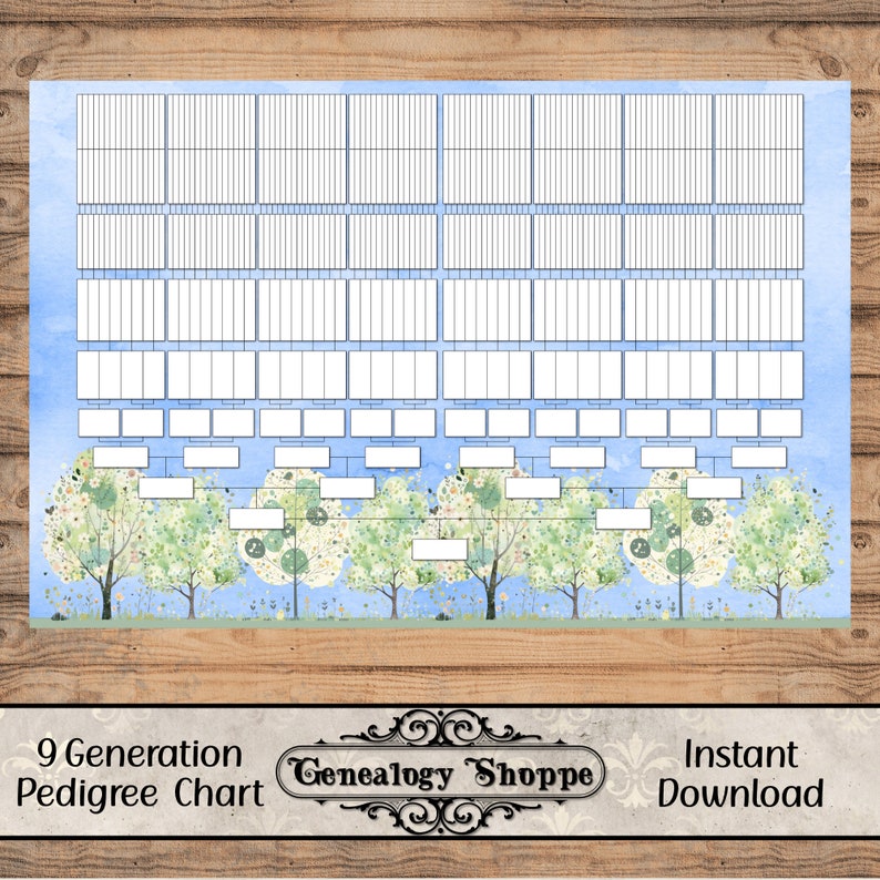 9 Generation Pedigree Chart, Whimsical Tree Border Blue Background ...