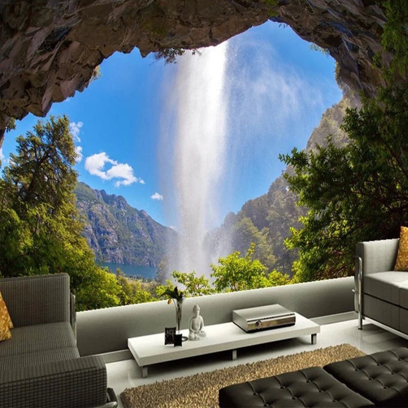 Cave Waterfall 3D Wallpaper: Custom Nature Wall Decor - Etsy