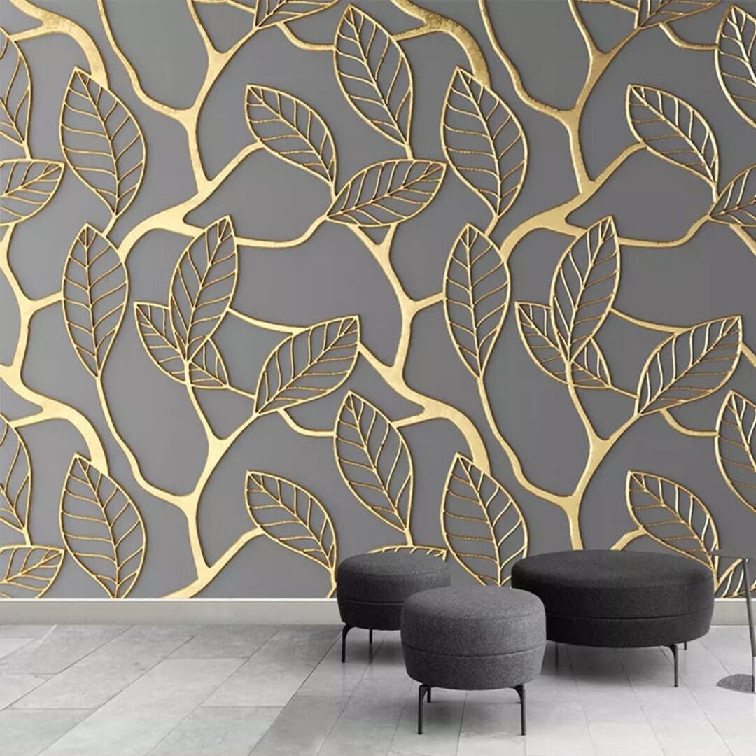 Golden Tree Leaves 3D Wallpaper, Custom Size Wallpaper, Accent ...