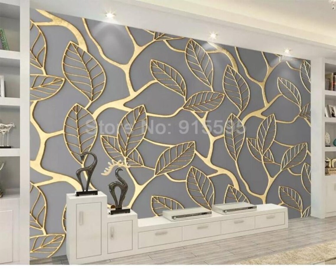 Golden Tree Leaves 3D Wallpaper, Custom Size Wallpaper, Accent ...