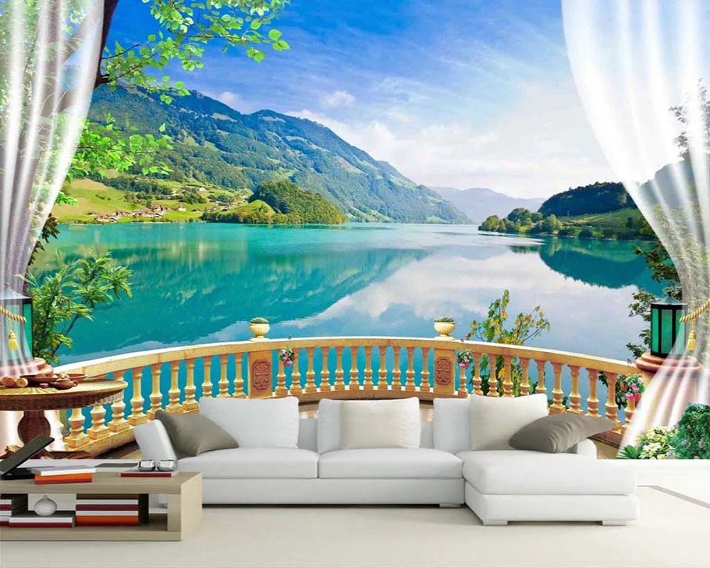 Balcony Ocean View 3D Wallpaper, Custom Size Wallpaper, Accent ...